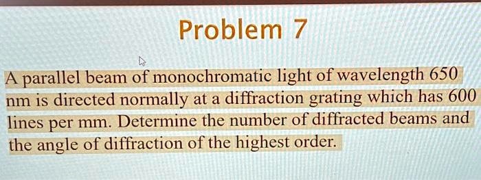 Problem 7 A parallel beam of monochromatic light of wavelength 650 nm is directed normally at a ...