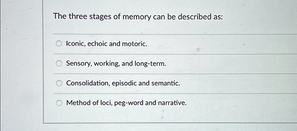 SOLVED: The three stages of memory can be described as: Iconic, echoic ...