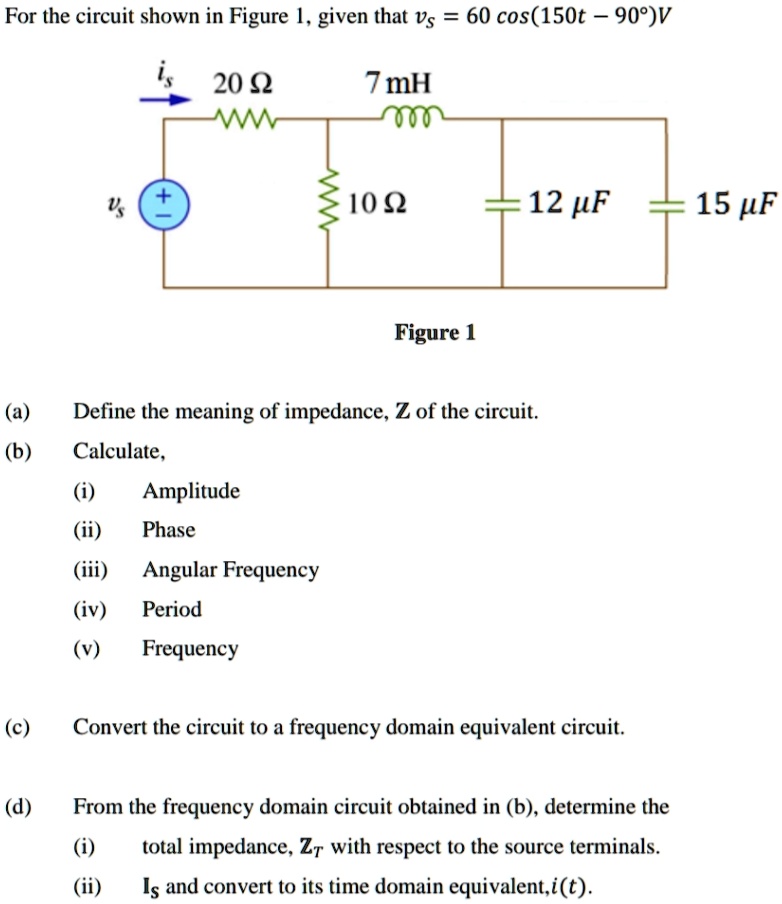SOLVED: For the circuit shown in Figure 1, given that vs = 60 cos(150t - 90)V, is = 20Î©, Ls ...