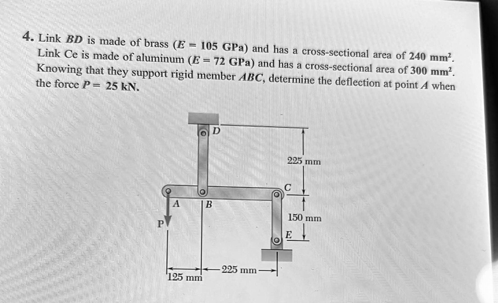 SOLVED: Texts: 4. Link BD is made of brass (E=105 GPa) and has a cross ...