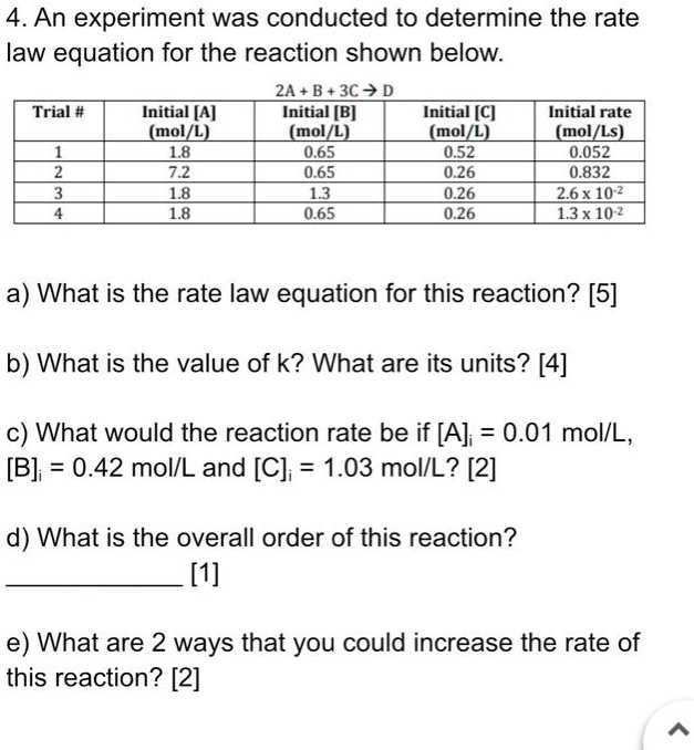 an experiment was conducted to determine the rate law equation for the ...