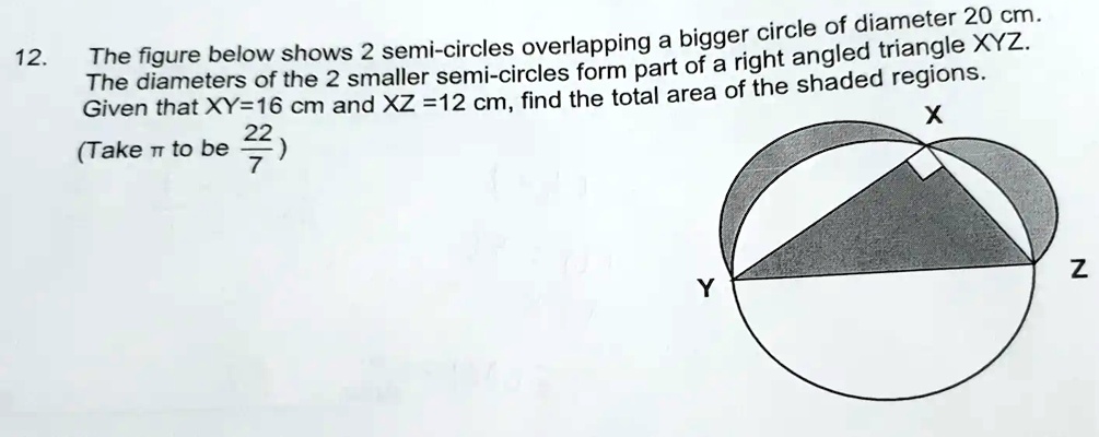 12. The figure below shows 2 semi-circles overlapping a bigger circle of diameter 20 cm. The ...