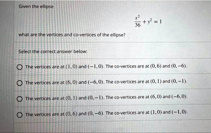 SOLVED: Given the ellipse x^2, what are the vertices and co-vertices of the ellipse? Select the ...