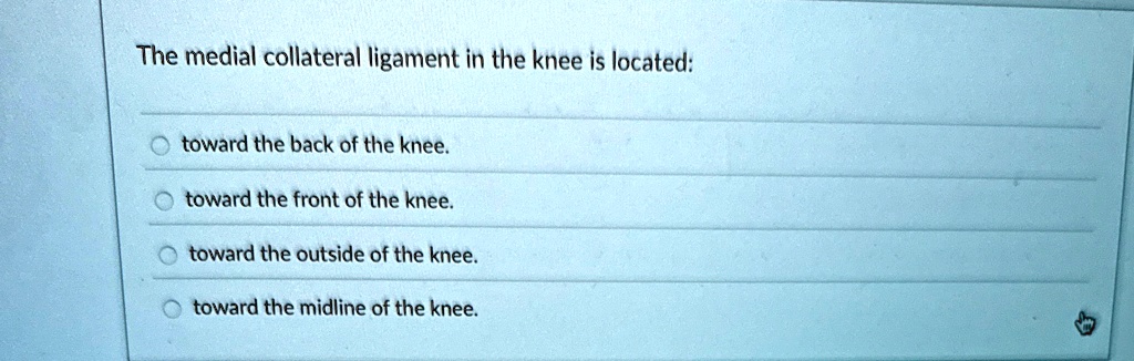 The medial collateral ligament in the knee is located: toward the back ...