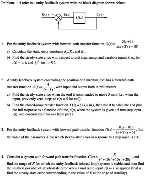 problems 1 4 refer to a unity feedback system with the block diagram shown below rs es cs gs 5s1 ...