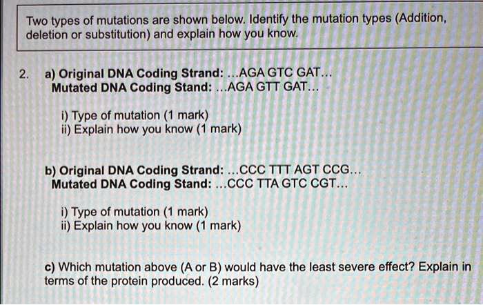 SOLVED: Two types of mutations are shown below. Identify the mutation types (Addition, deletion ...