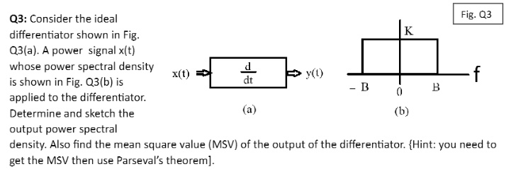 SOLVED: Q3:Consider the ideal Fig.Q3 differentiator shown in Fig K Q3(a). A power signal x(t ...