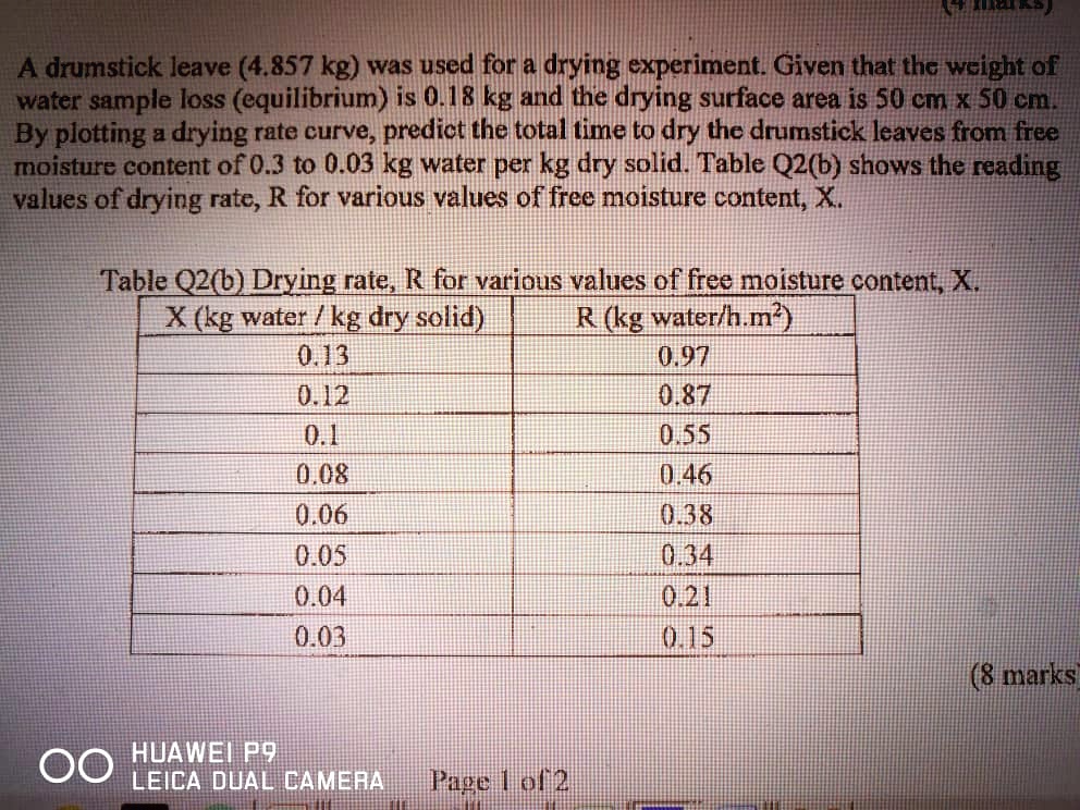 SOLVED: A drumstick leaf (4.857 kg) was used for a drying experiment ...