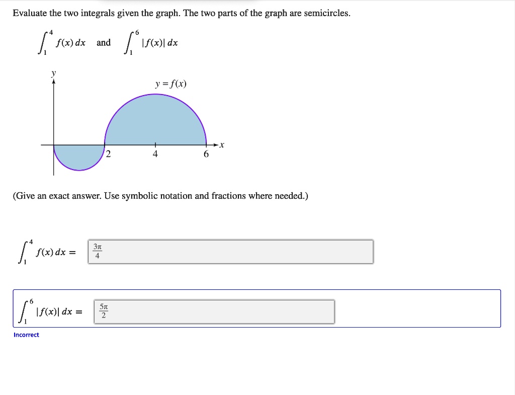 Evaluate the two integrals given the graph: The two parts of the graph are semicircles 6, f(x ...