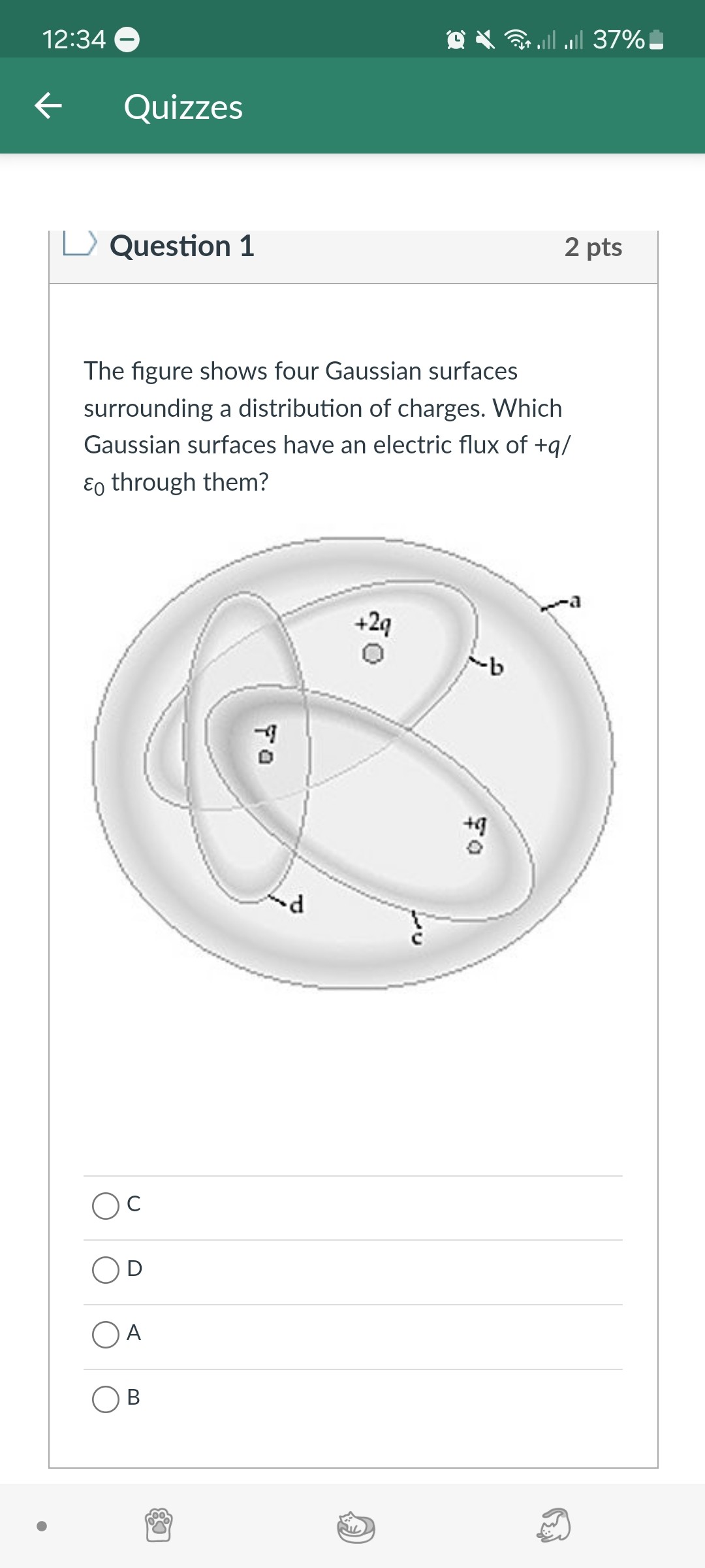 12:34 Quizzes Question 1 2 pts The figure shows four Gaussian surfaces surrounding a ...