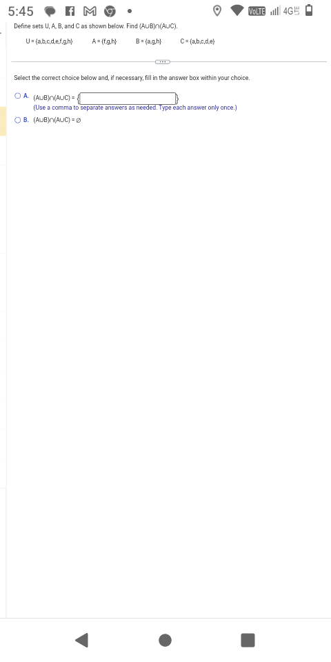 SOLVED: 5:45 If 𝕄∘∙⊙> VOLTE , ill 4 G E U={a, b, c, d, e, f, g, h} A={f ...