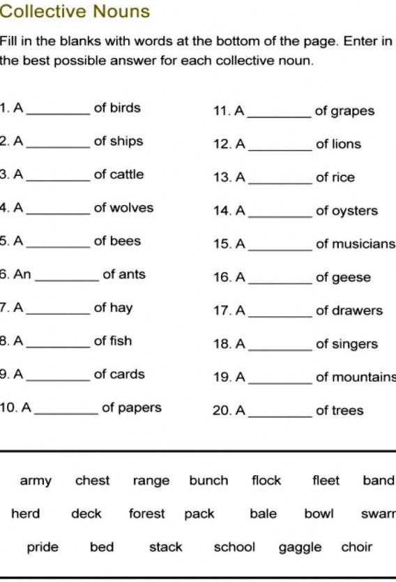 answer the following collective nouns fill in the blanks with words at ...