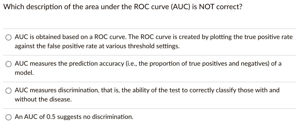 SOLVED: Which description of the area under the ROC curve (AUC) is NOT ... SOLVED: Which description of the area under the ROC curve (AUC) is NOT ...
