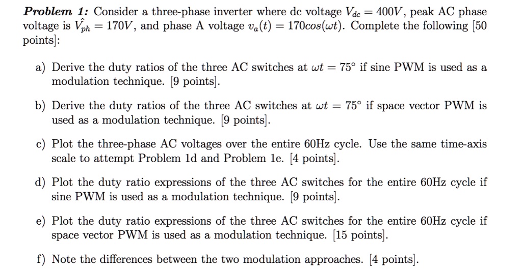 Problem 1: Consider a three-phase inverter where dc voltage Vdc = 400V, peak AC phase voltage is ...