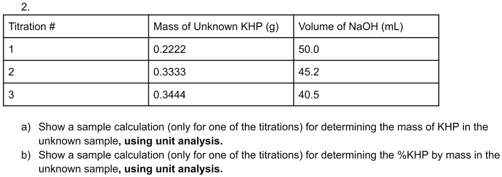 2 titration mass of unknown khp g volume of naoh ml 1 02222 500 2 03333 452 3 03444 405 a show a ...