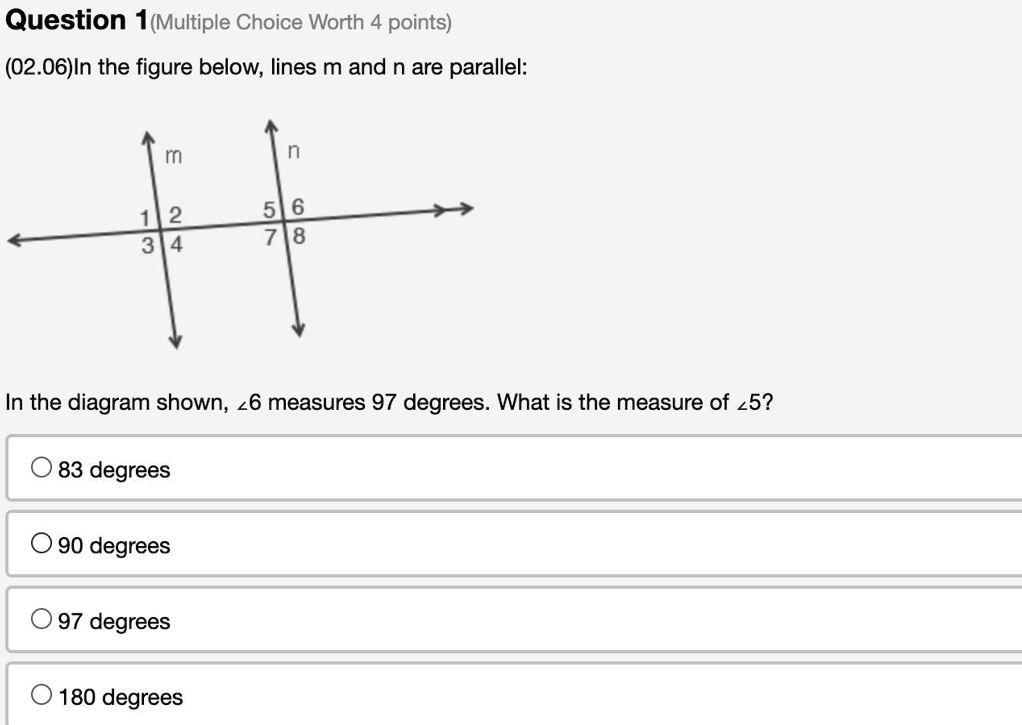 Question 1(Multiple Choice Worth 4 points) (02.06)In the figure below, lines m and n are ...