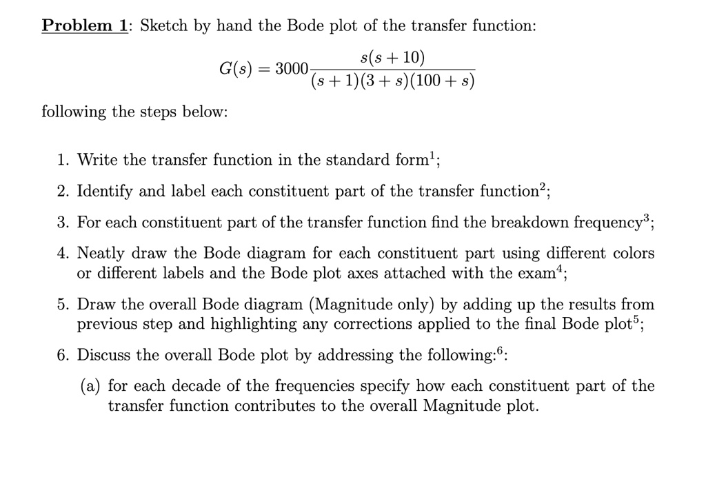 SOLVED: Problem 1: Sketch by hand the Bode plot of the transfer function: G(s) = 3000z(s + 10 ...