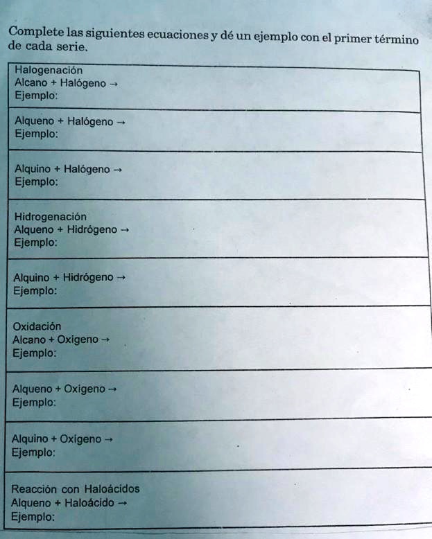 SOLVED: Ayuda, es de QUIMICA Complete las siguientes ecuaciones y dé un ...