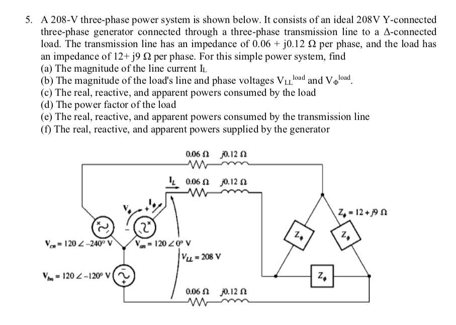 SOLVED: A 208-V three-phase power system is shown below. It consists of ...