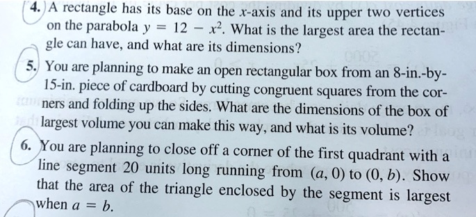 a rectangle has its base on the x axis and its upper two vertices on the parabola y 12 x what is ...