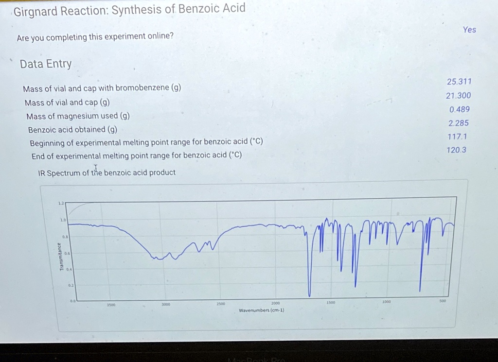 Girgnard Reaction: Synthesis of Benzoic Acid Are you completing this experiment online? Data ...