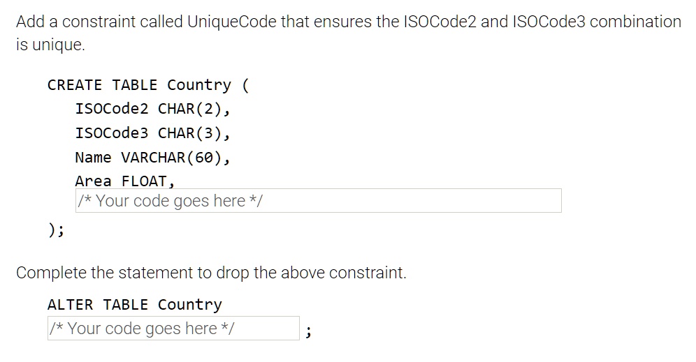 Add a constraint called UniqueCode that ensures the ISOCode2 and ISOCode3 combination is unique ...