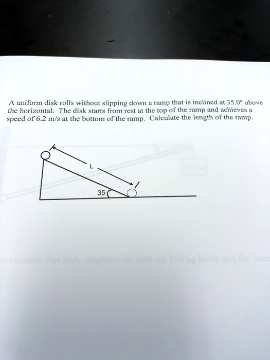 SOLVED: uniform disk rolls without slipping down ramp that is inclined at 35.09 above the ...