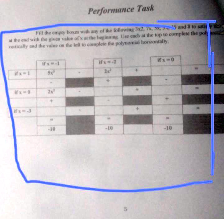 Performance Task Fill the empty boxes with any of the following 3x^2 ...