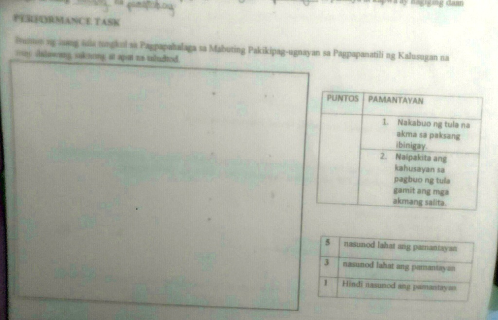 SOLVED: [tex]performance task[/tex]BUMUO NG ISANG TULA TUNGKOL SA PAGPAPAHALAGA SA MABUTING ...