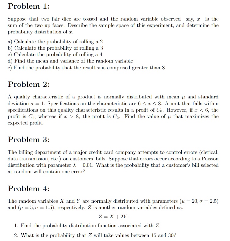 SOLVED: Problem 1: Suppose that two fair dice are tossed and the random ...