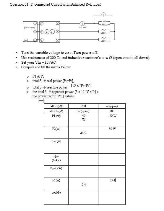 SOLVED: Question 01: Y-connected Circuit with Balanced RL Load V r supph JU (N) Ofo JU Turn the ...