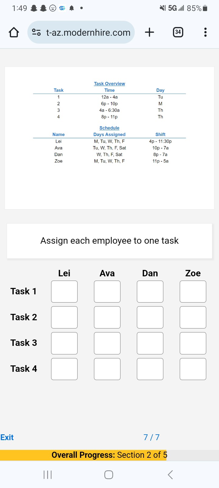 1:49 ?5 5 𝐆, ?ll 85 % ?– t-az.modernhire.com 34 1c Task Overview 2 - 3 ...
