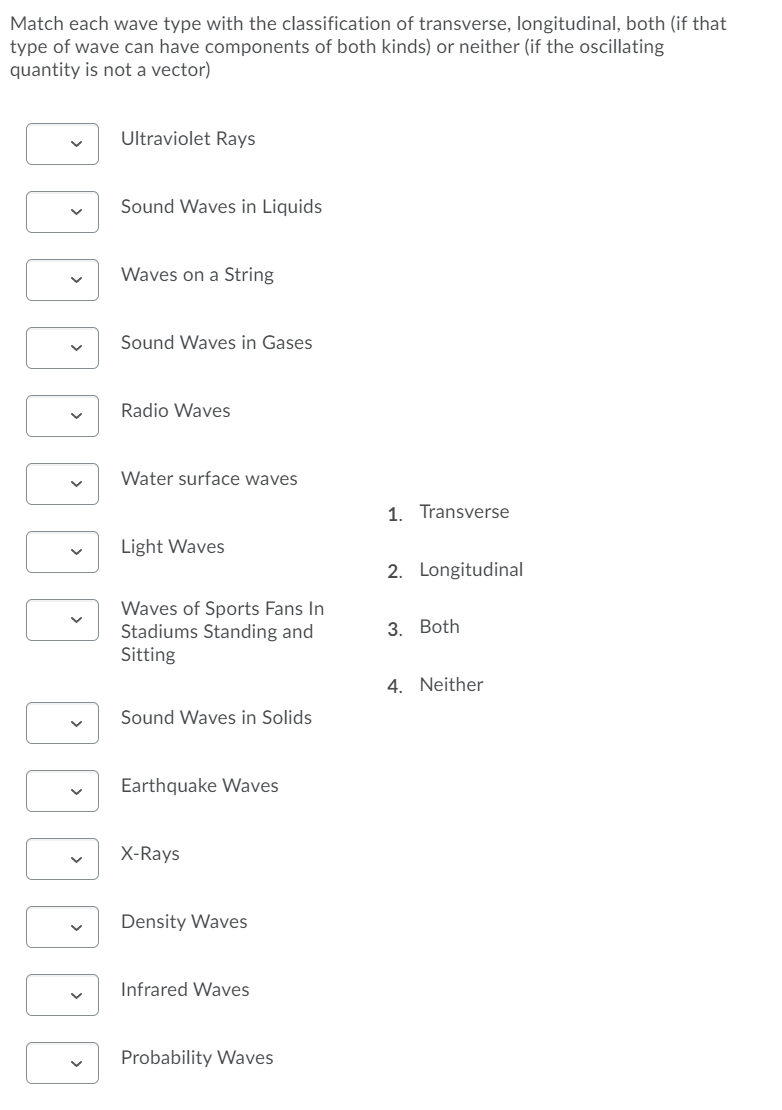 Match each wave type with the classification of transverse ...