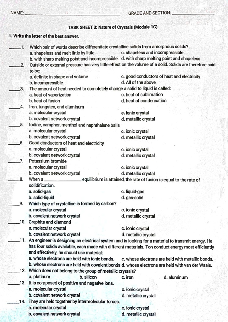 SOLVED: NAME: GRADE AND SECTION: TASK SHEET 3: Nature of Crystals ...