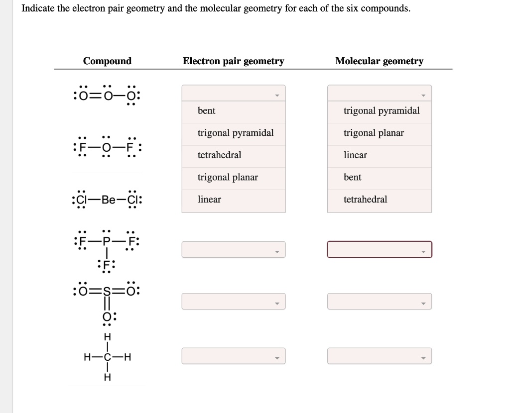 Indicate the electron pair geometry and the molecular geometry for each of the six compounds ...