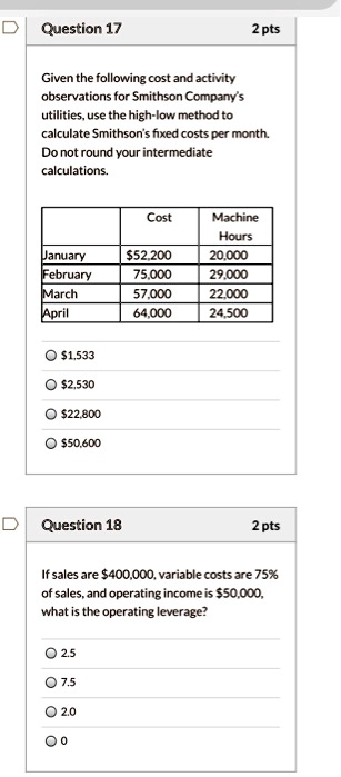 SOLVED: Given the following cost and activity observations for Smithson ...