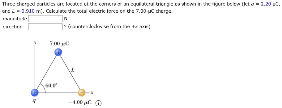 Three charged particles are located at the corners of an equilateral triangle as shown in the ...