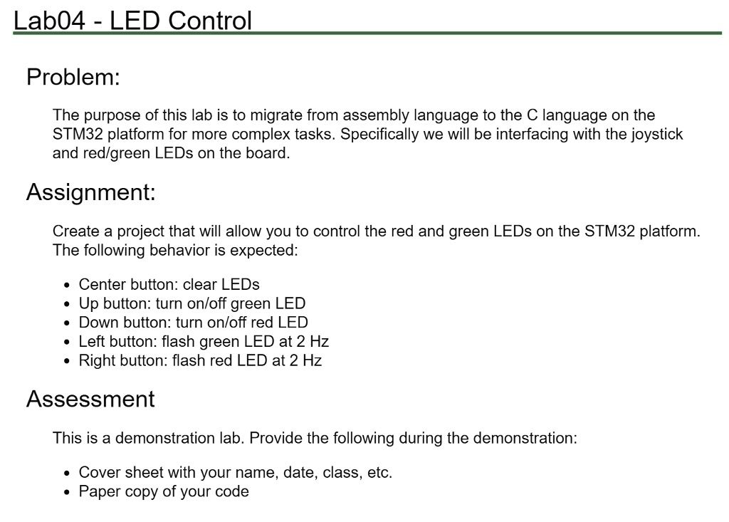 SOLVED: Lab04 - LED Control Problem: The purpose of this lab is to ... SOLVED: Lab04 - LED Control Problem: The purpose of this lab is to ...