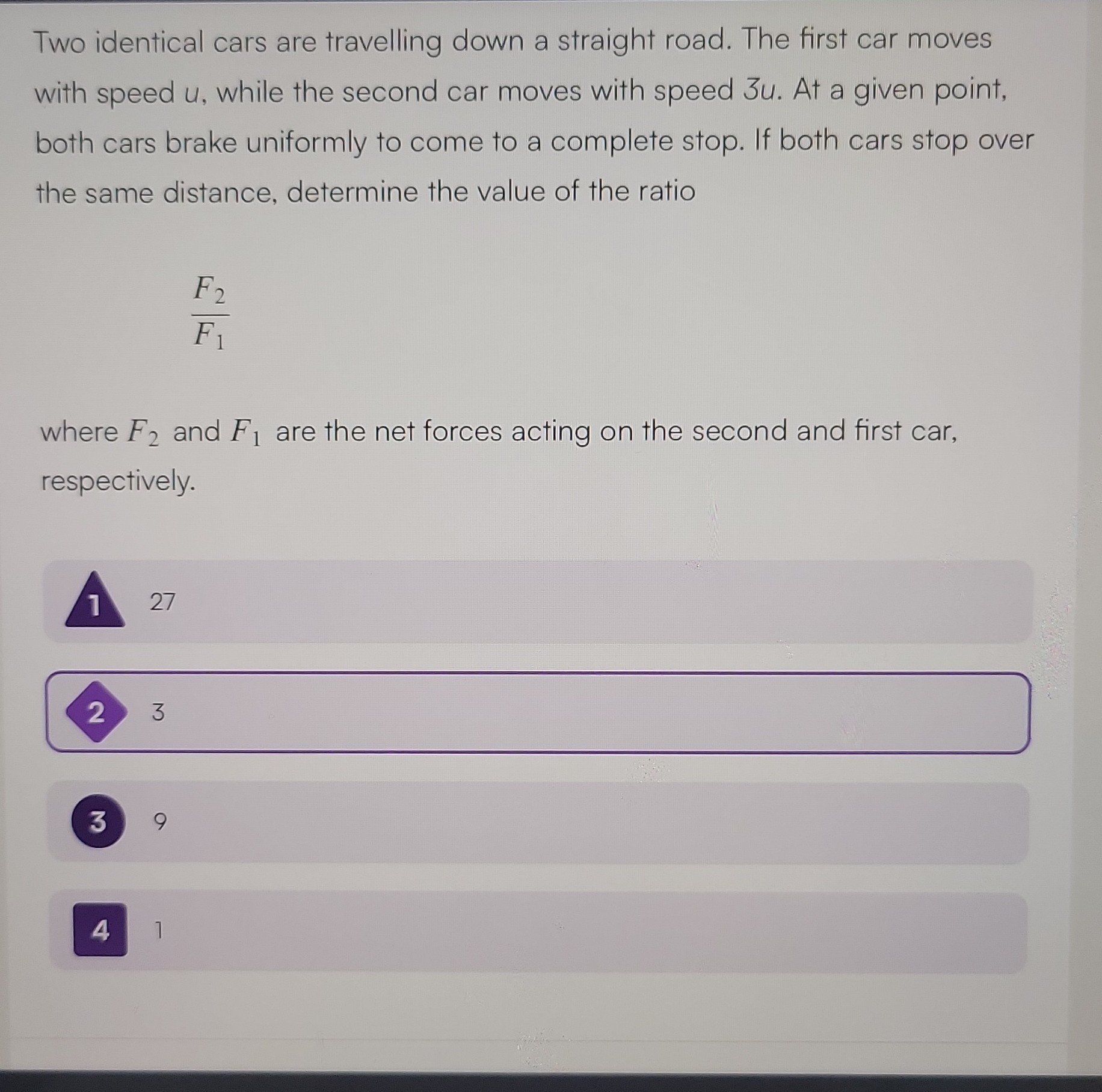Two identical cars are travelling down a straight road. The first car ...