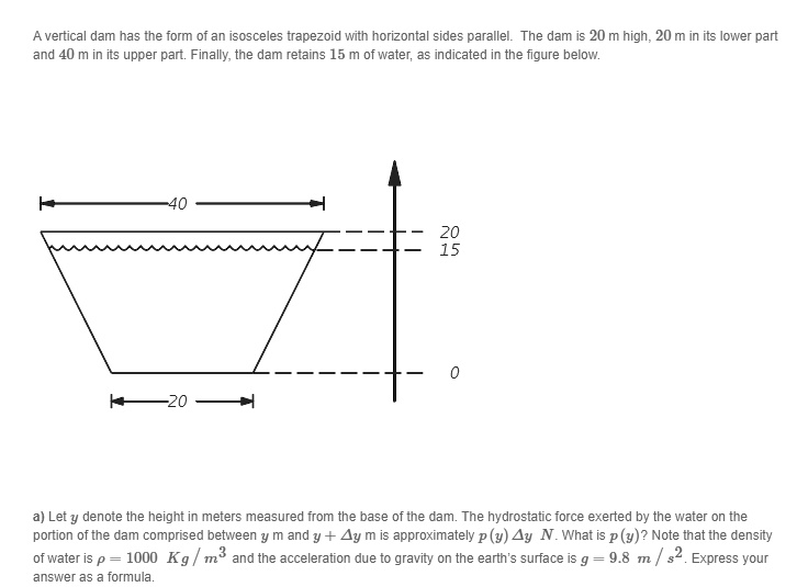 a vertical dam has the form of an isosceles trapezoid with horizontal ...