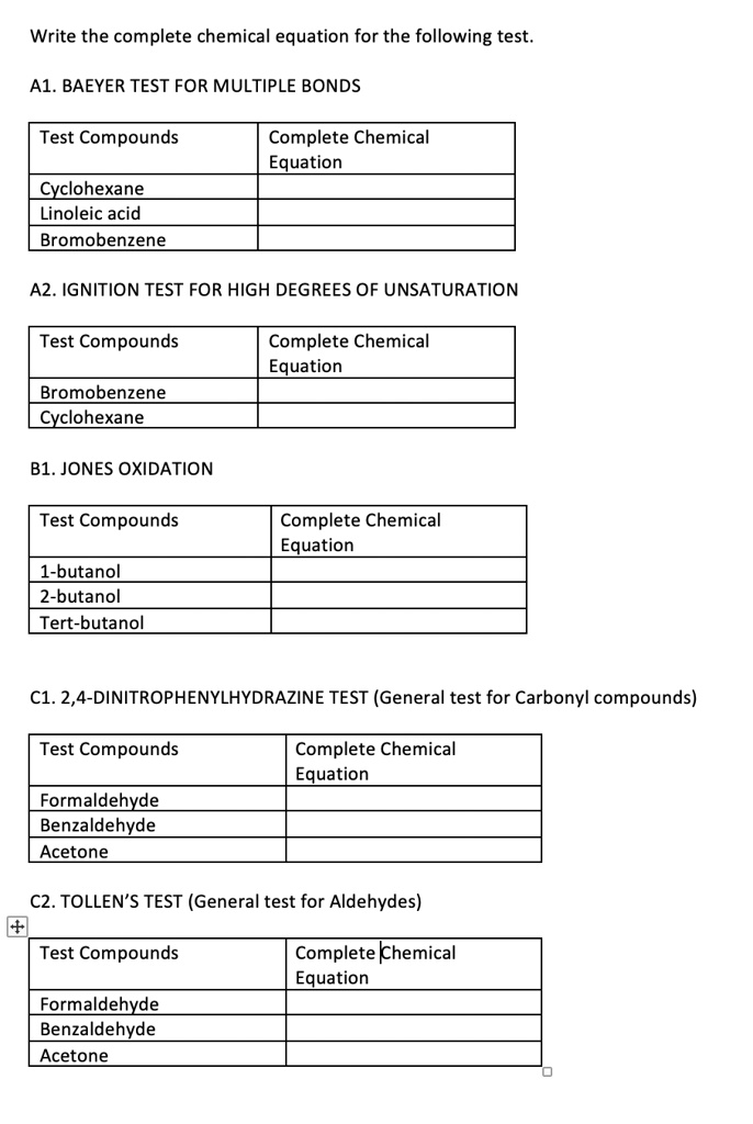 write the complete chemical equation for the following test a1 baeyer ...