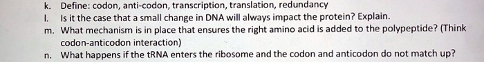 SOLVED: Define: codon, anti-codon; transcription translation ...