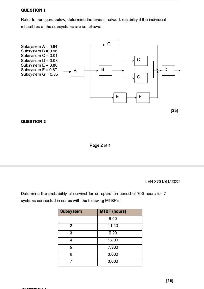 please assist with network reliability and MTBF QUESTION 1 Refer to the figure below determine ...