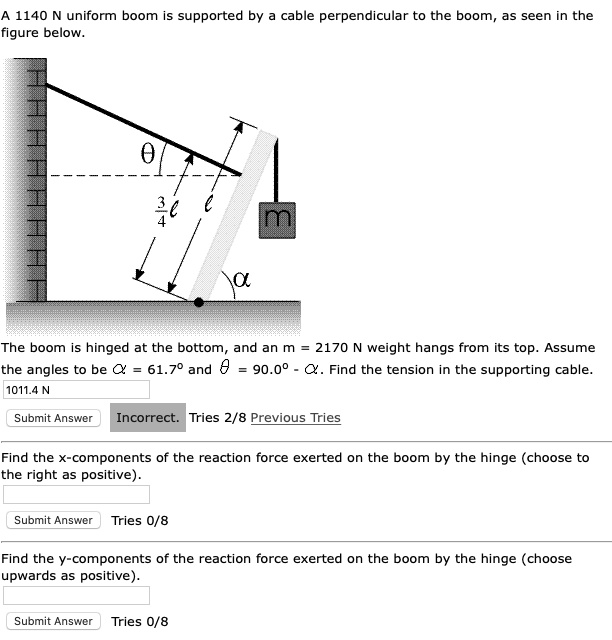 a 1140 n uniform boom is supported by cable perpendicular to the boom ...