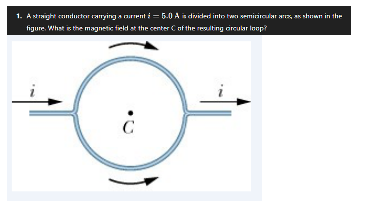 1. A straight conductor carrying a current i=5.0 A is divided into two ...