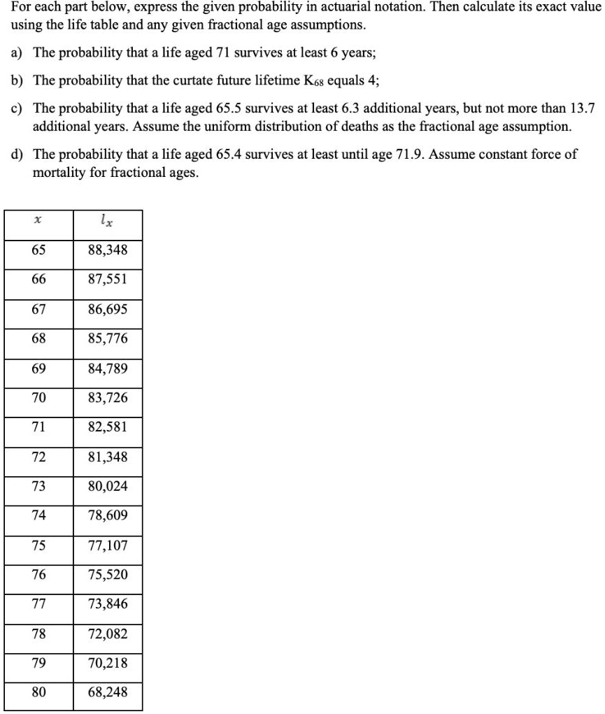 For each part below, express the given probability in actuarial ...