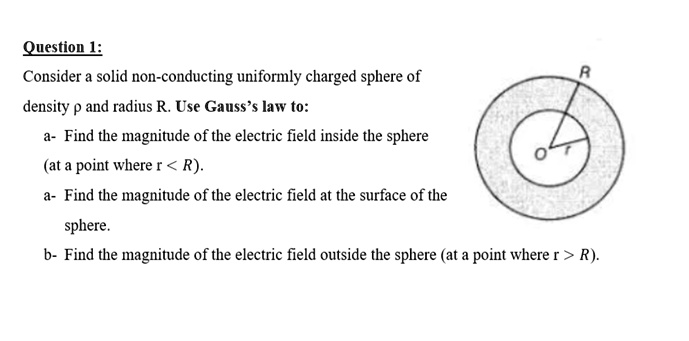 SOLVED:Questiou W Consider solid non- conducting uniformly charged sphere of density p and ...