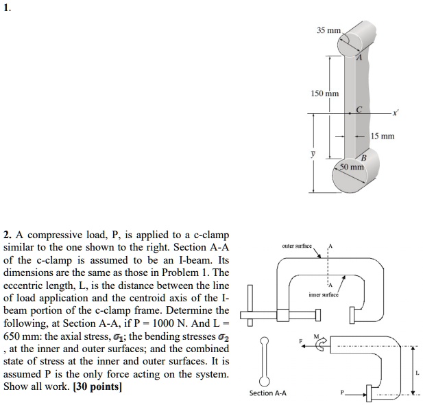 SOLVED: 35 mm 150 mm 15 mm B 50 mm 2. A compressive load, P, is applied ...