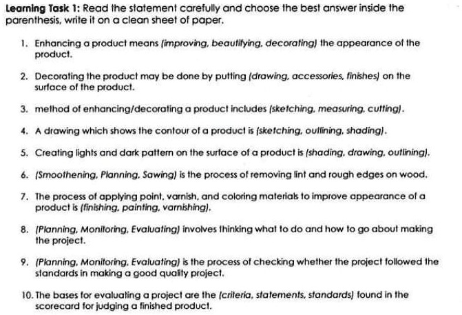 SOLVED: Learning Task 1: Read the statement carefully and choose the best answer inside the ...