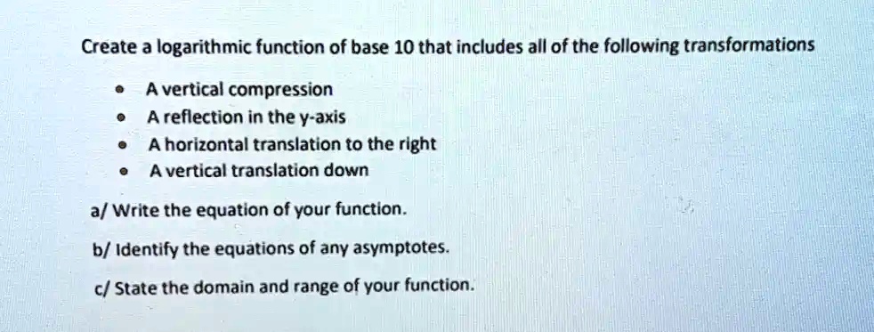 SOLVED: Create a logarithmic function of base 10 that includes all of the following ...